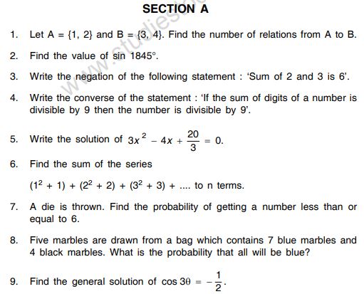 CBSE Class 11 Mathematics Sample Paper Set 4